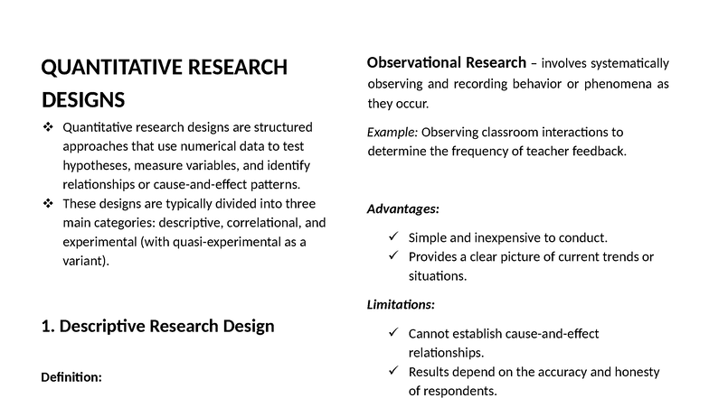 QUANTITATIVE RESEARCH DESIGNS: A Comprehensive Overview - Studocu