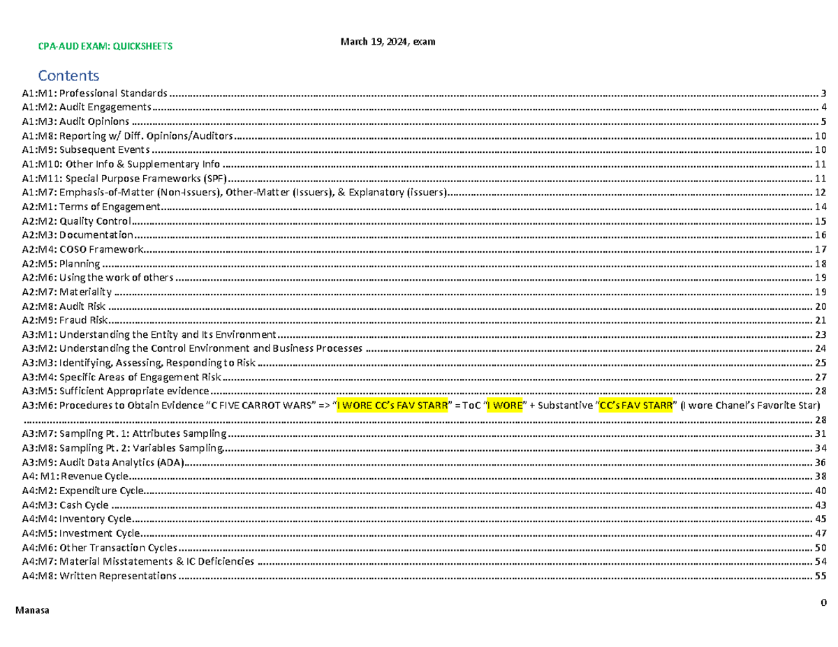 CPA-AUD: Quick Study Sheets for March 2024 Exam Preparation - Studocu