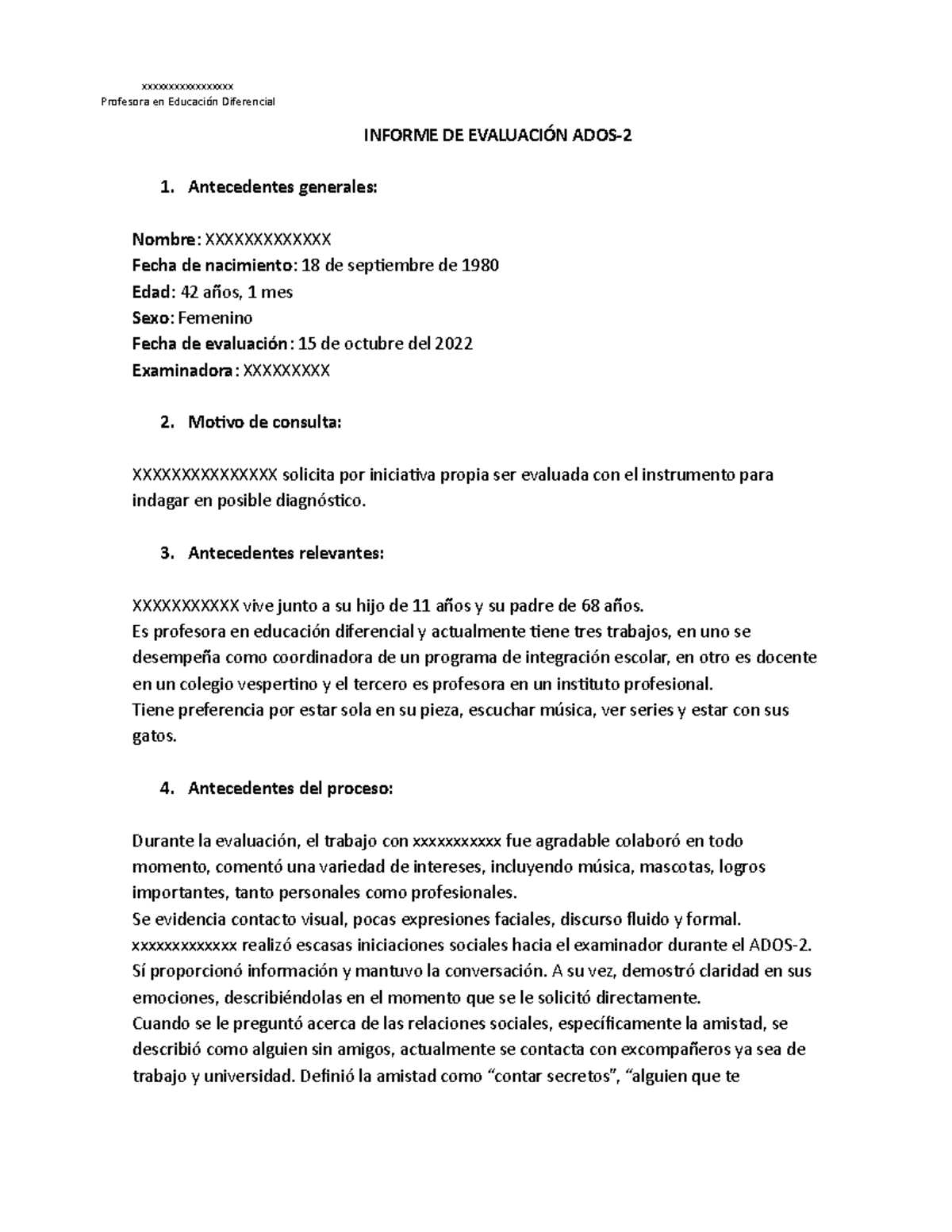 Informe de Evaluación ADOS-2 Módulo 4 para Profesora de Educación ...