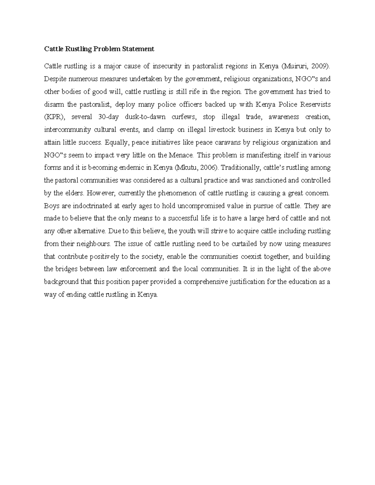 Cattle Rustling in Kenya: A Position Paper on Solutions - Studocu