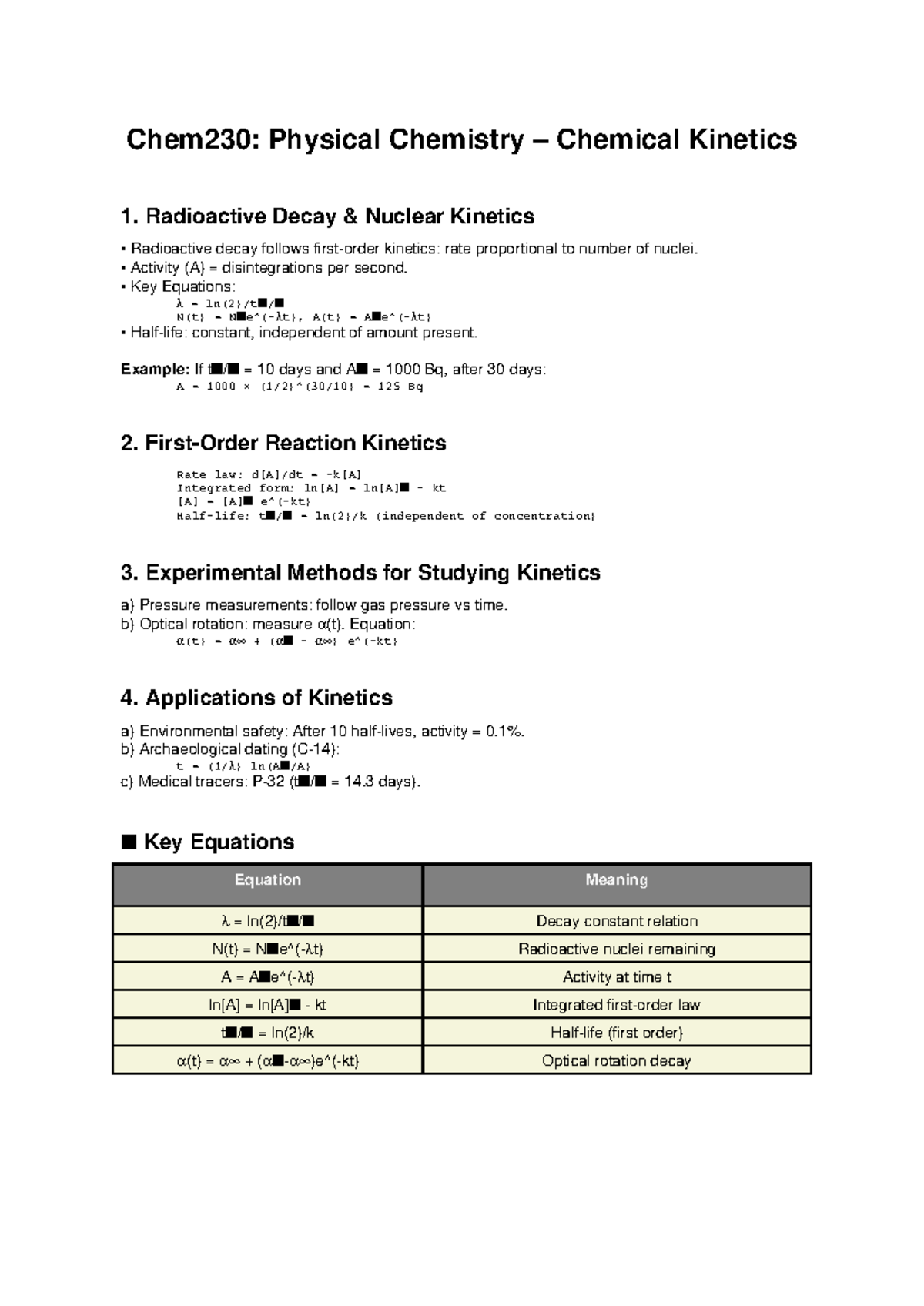 Chem230: Physical Chemistry Kinetics Notes on Radioactive Decay - Studocu