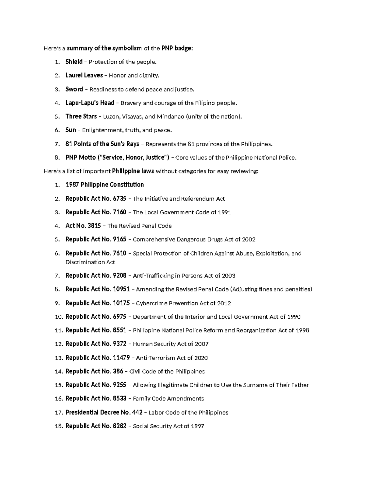 PNP Badge Symbolism & Key Philippine Laws: A Comprehensive Review - Studocu