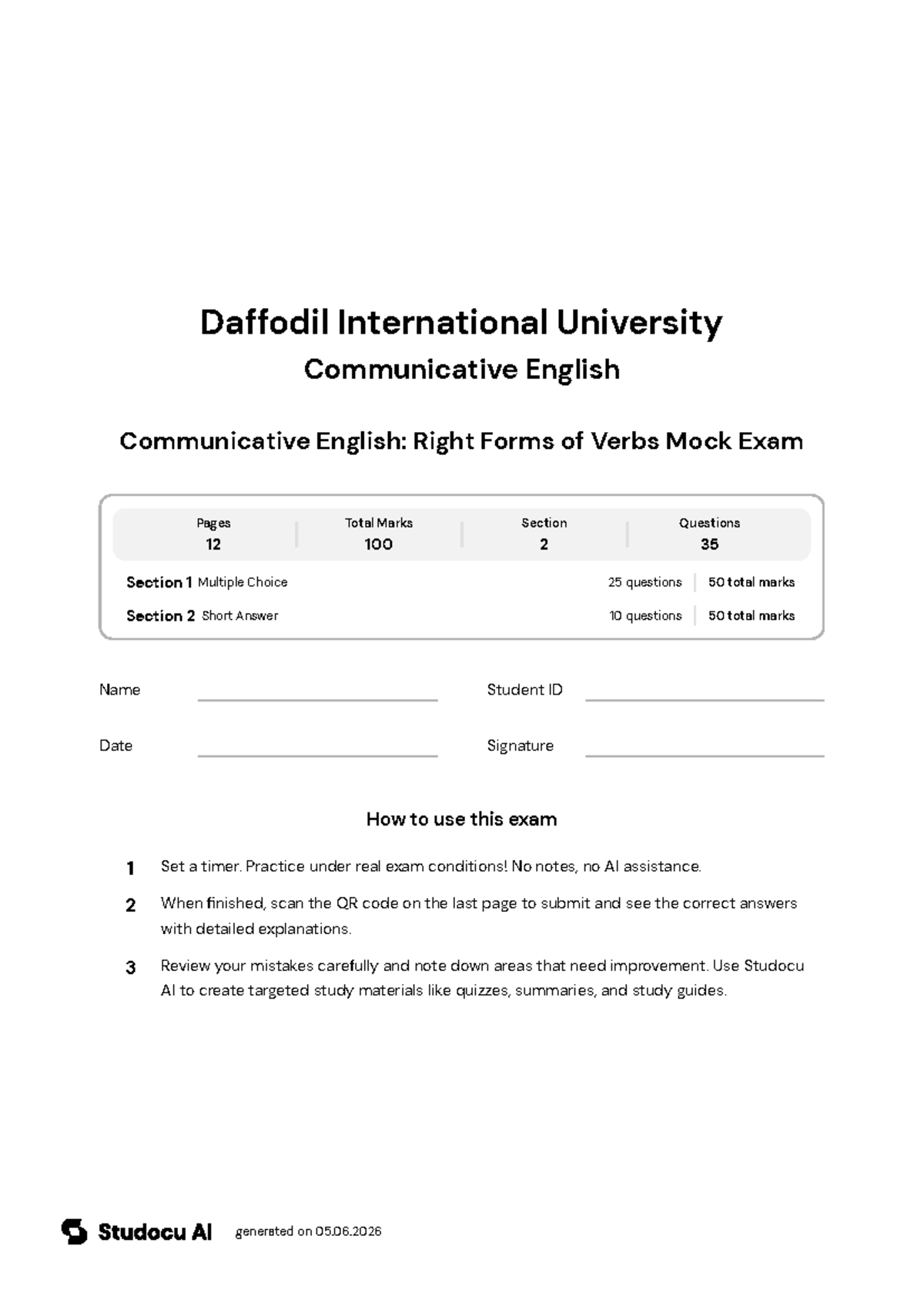 Communicative English: Right Forms of Verbs Mock Exam - Studocu