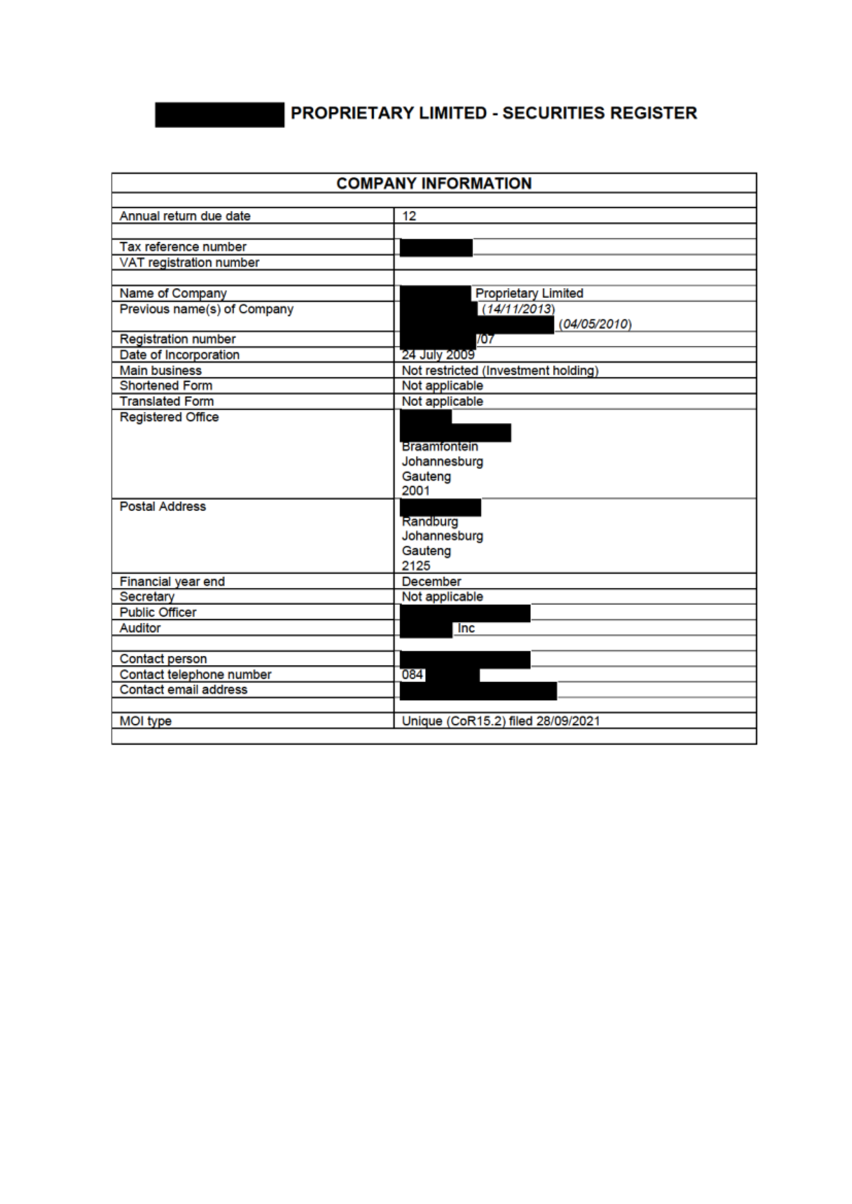 Sample Securities Register - CPL 211 - PROPRIETARY LIMITED SUMMARY OF ...