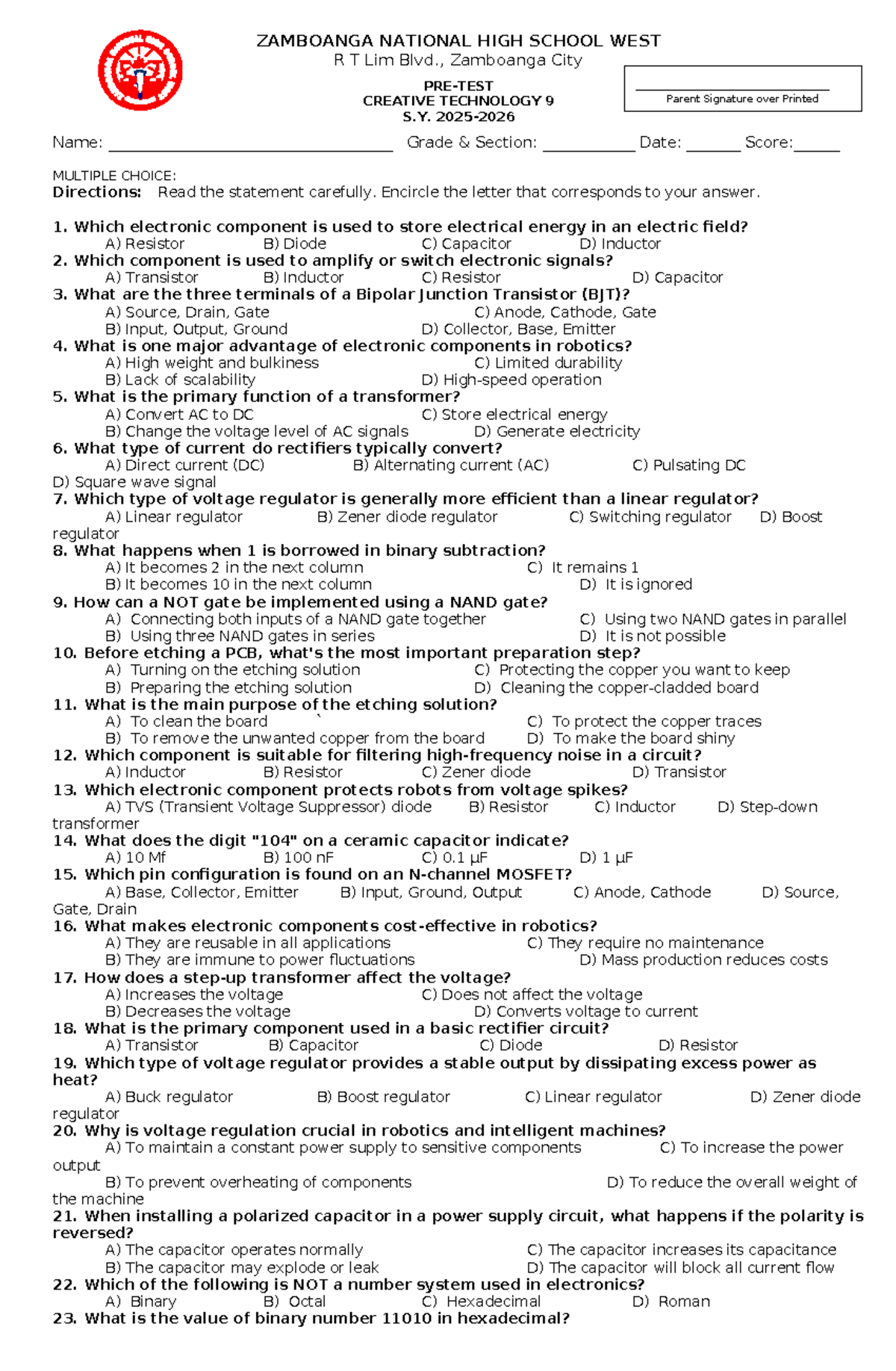 Creative Technology 9: Post Test Review and Practice Questions - Studocu
