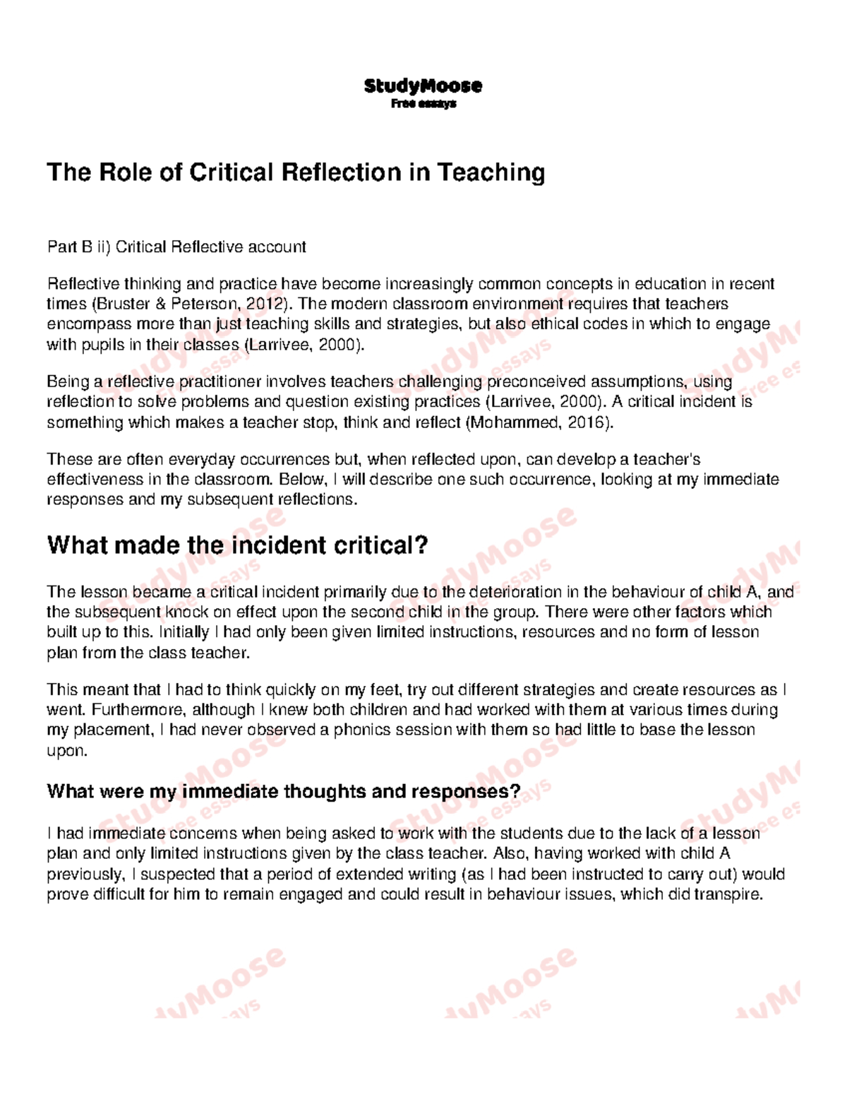 Critical Reflection in Teaching: Examining Classroom Incidents and ...