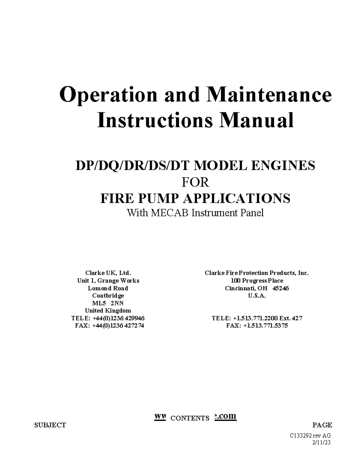 Clarke Fire Pump Engine Operation & Maintenance Manual C133292 - Studocu