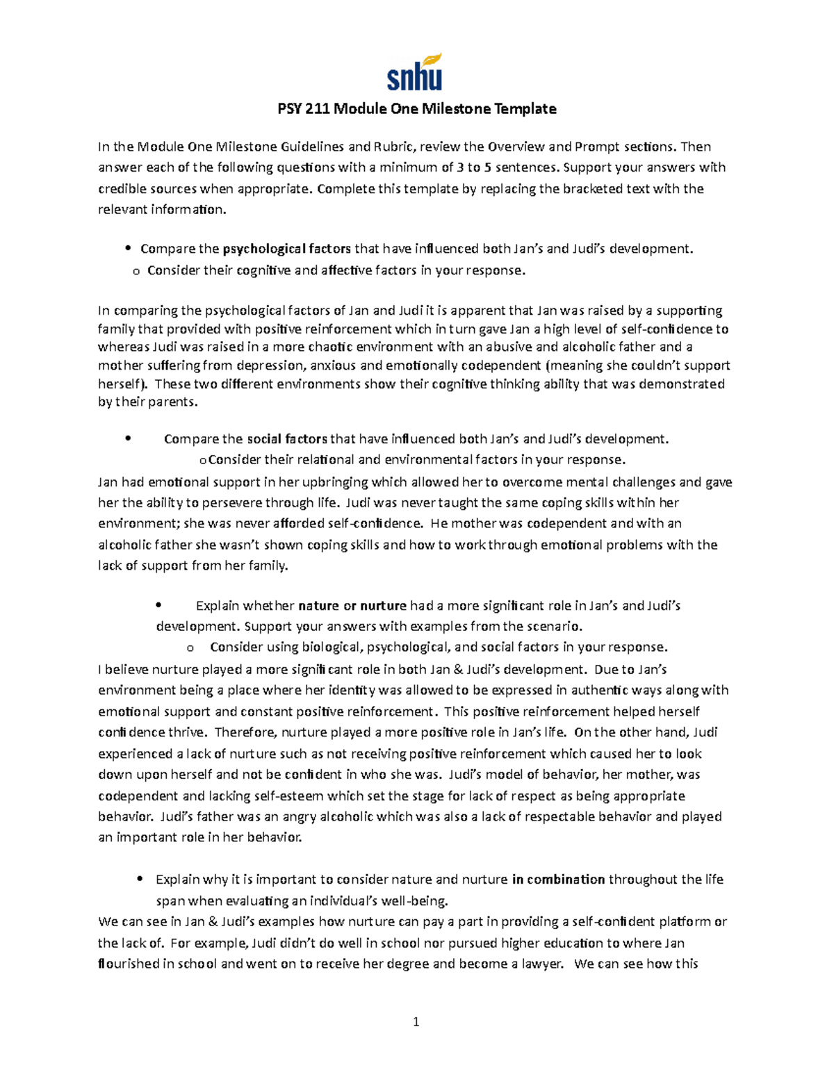 PSY 211 Module One Milestone - Then answer each of the following ...