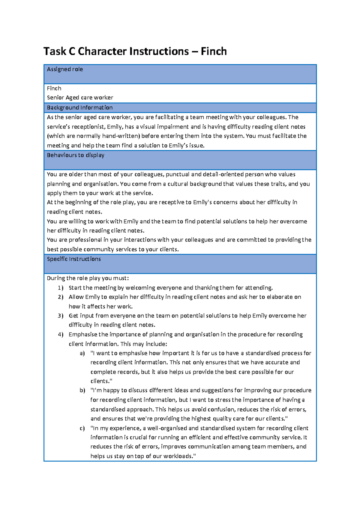 AGE Task C: Finch's Role as Senior Aged Care Worker - Studocu