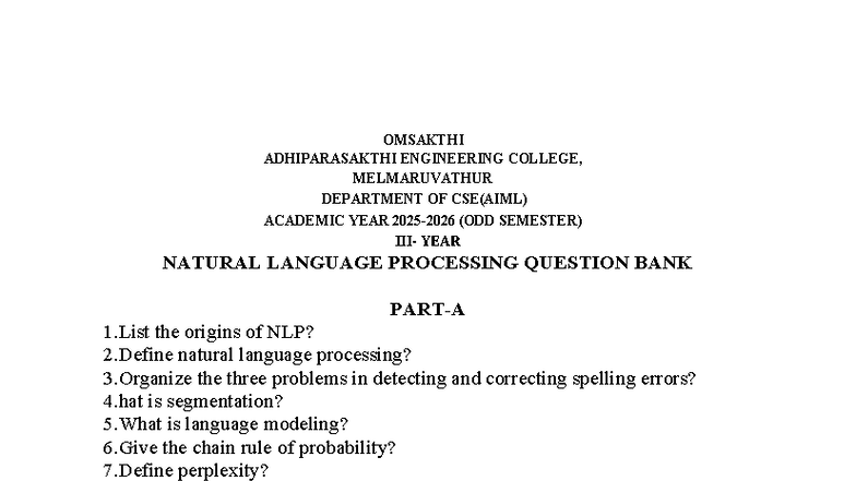 NLP Question Bank for IAT-1: Key Concepts & Challenges - Studocu