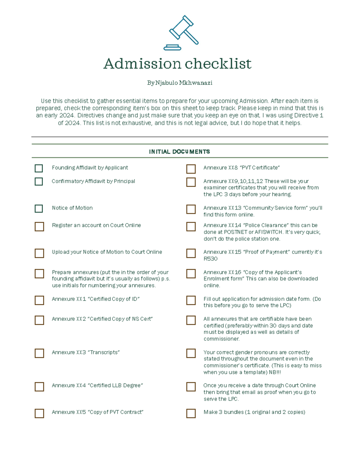 Admission Checklist for Upcoming Hearing (Gauteng) - Studocu
