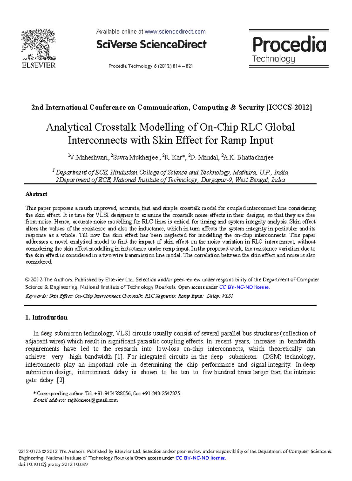 Analytical Crosstalk Modelling of RLC Interconnects with Skin Effect ...