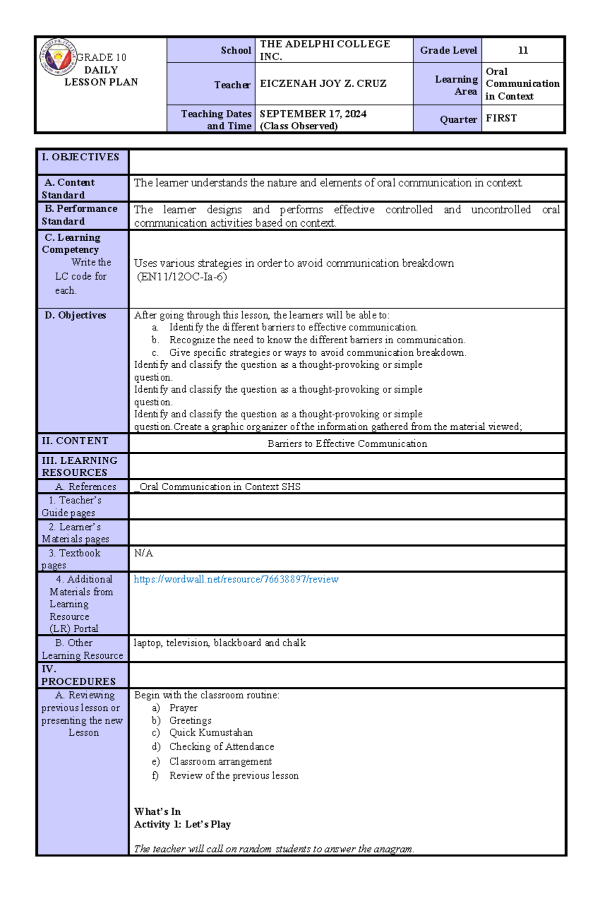 Lesson Plan for Oral Communication (G10) - Barriers & Strategies - Studocu