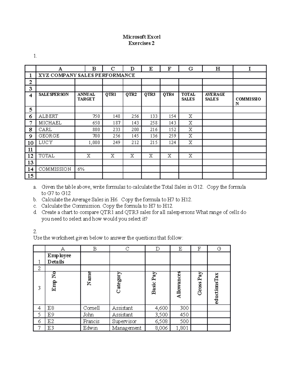 Excel 2 Week 2 Tutorial Exercises: Sales & Employee Data Analysis - Studocu