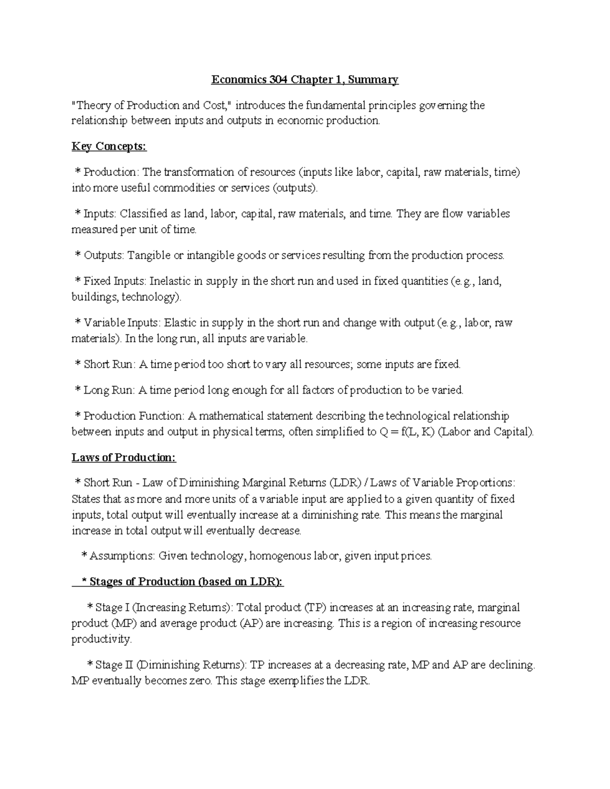 Economics 304 Chapter 1: Summary of Production Principles - Studocu