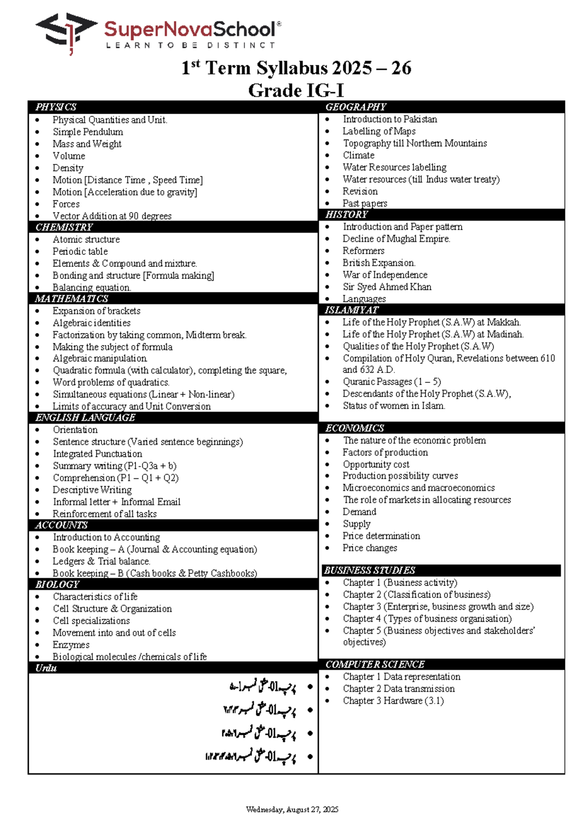 1st Term Syllabus 2025-26 - Grade IG-I: Physics, Chemistry, Math & More ...