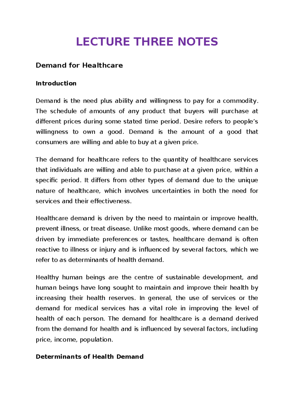Demand for Healthcare Services in Kenya: Lecture Notes Analysis - Studocu