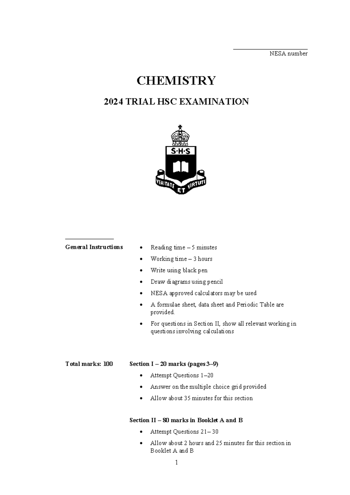 SBHS Chemistry 2024 Trial HSC Examination Paper - Studocu