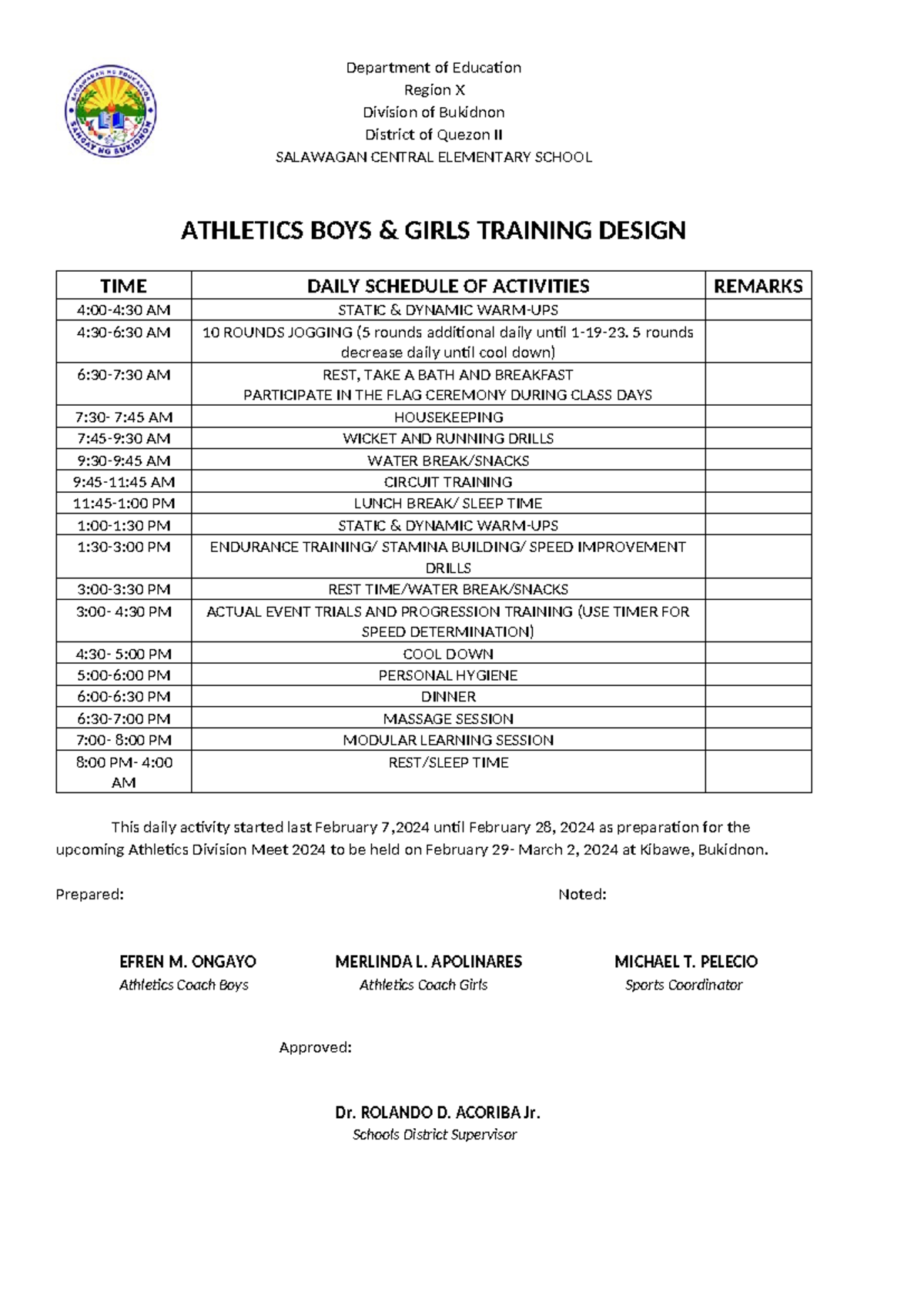Athletics Boys Training Design for Division Meet 2024 (Region X) - Studocu