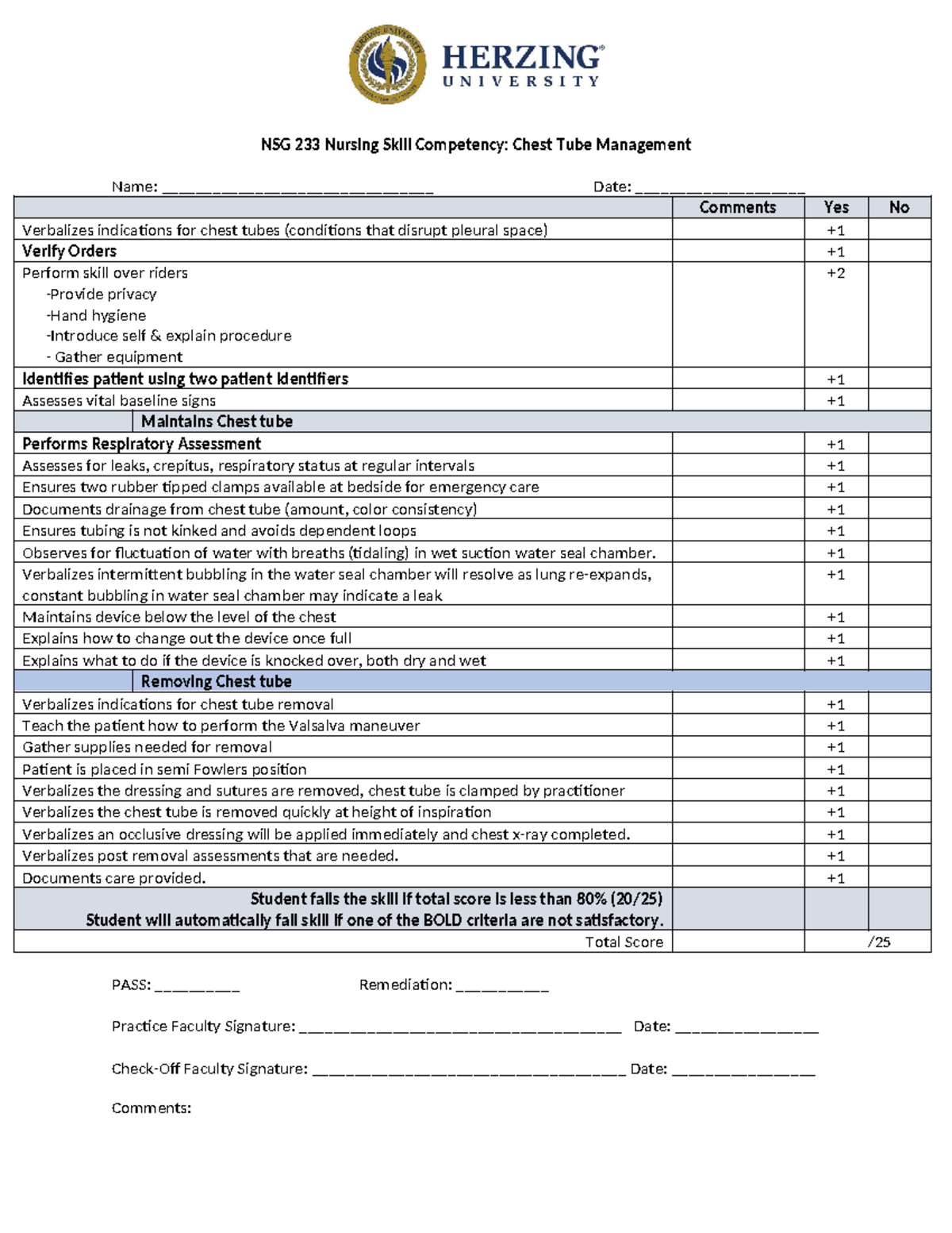 NSG 233 Week 7 Lab: Chest Tube Management Skill Competency - Studocu