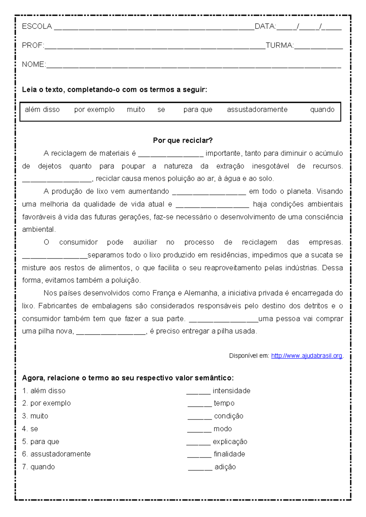 Atividade de Português: Conectivos no Texto "Por que Reciclar?" - 1º ...