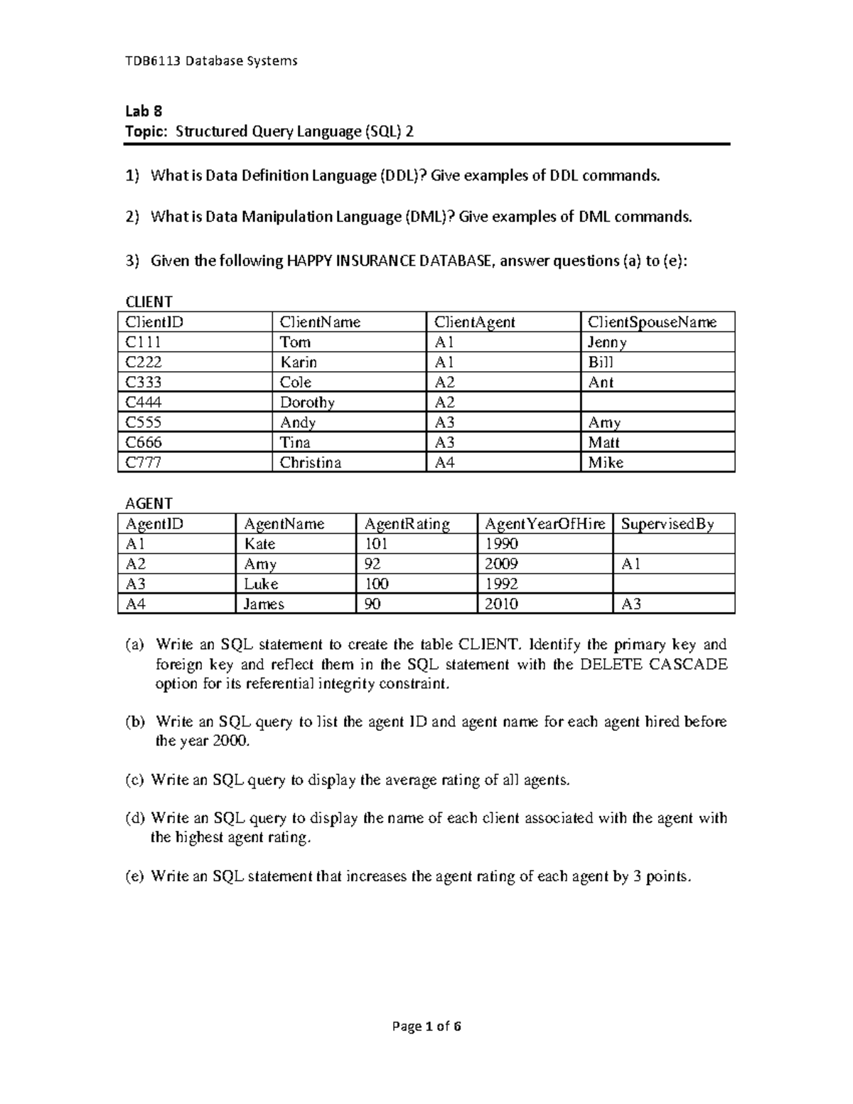Lab08 - lab8 - Lab 8 Topic: Structured Query Language (SQL) 2 1) What is Data Definition ...