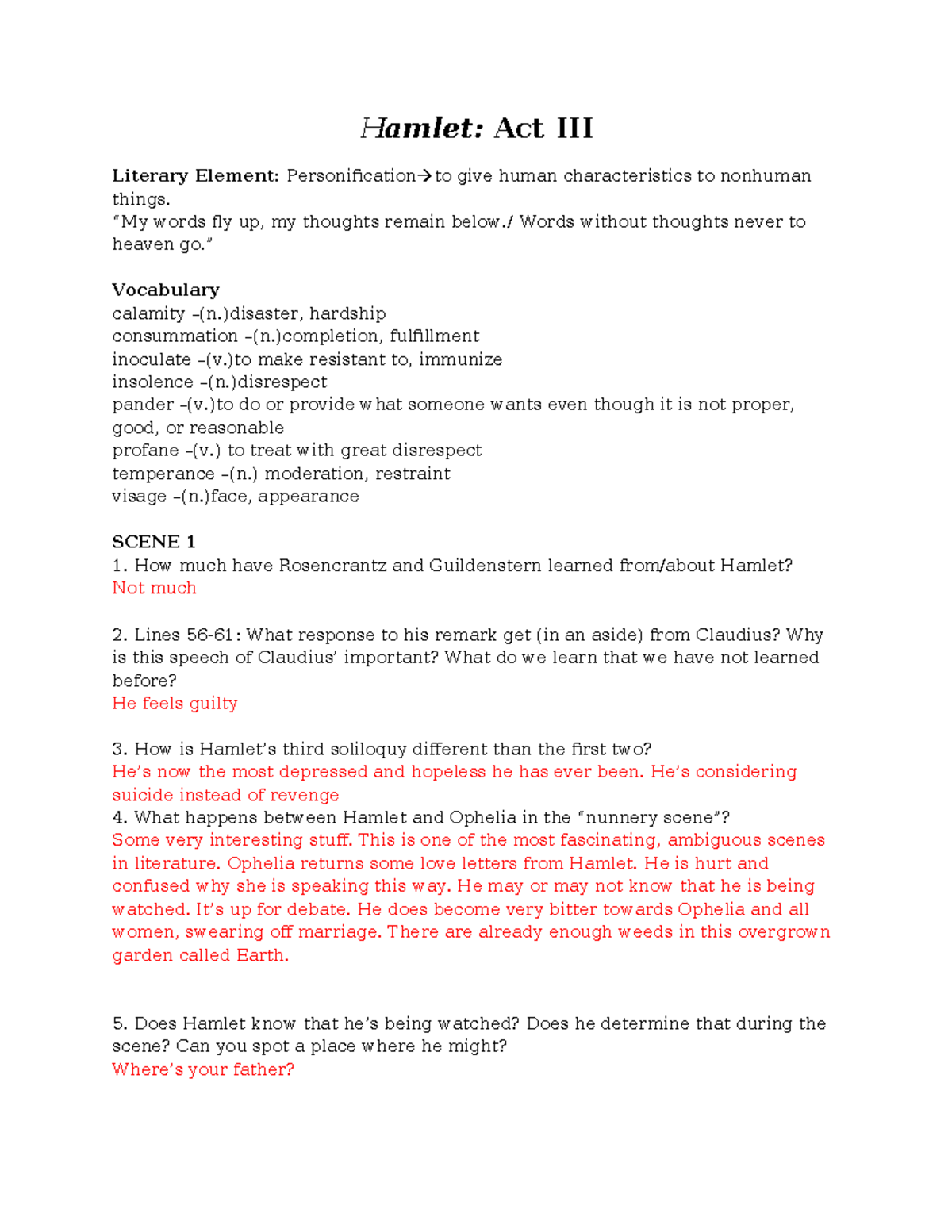 Hamlet Act 3 Study Guide Key - Hamlet: Act III Literary Element ...