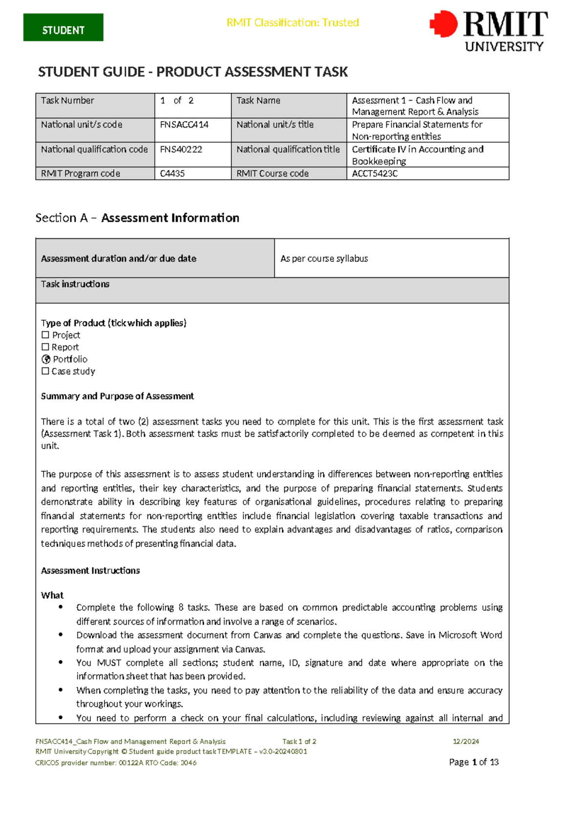 FNSACC414 Assessment 1: Cash Flow & Management Report Analysis - Studocu