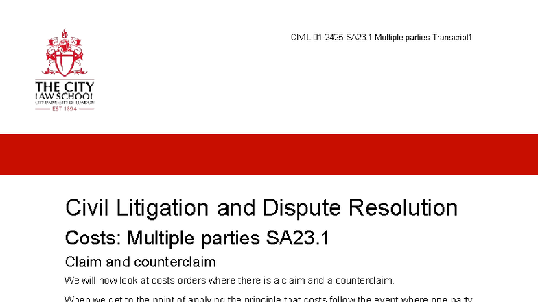 Civil Litigation Costs: Claim & Counterclaim Analysis SA23.1 - Studocu