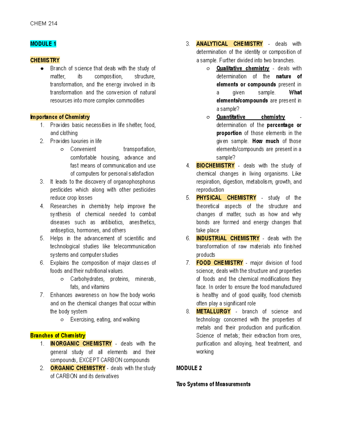 CHEM 214 - Summarized Lecture Notes on Organic & Inorganic Chemistry ...