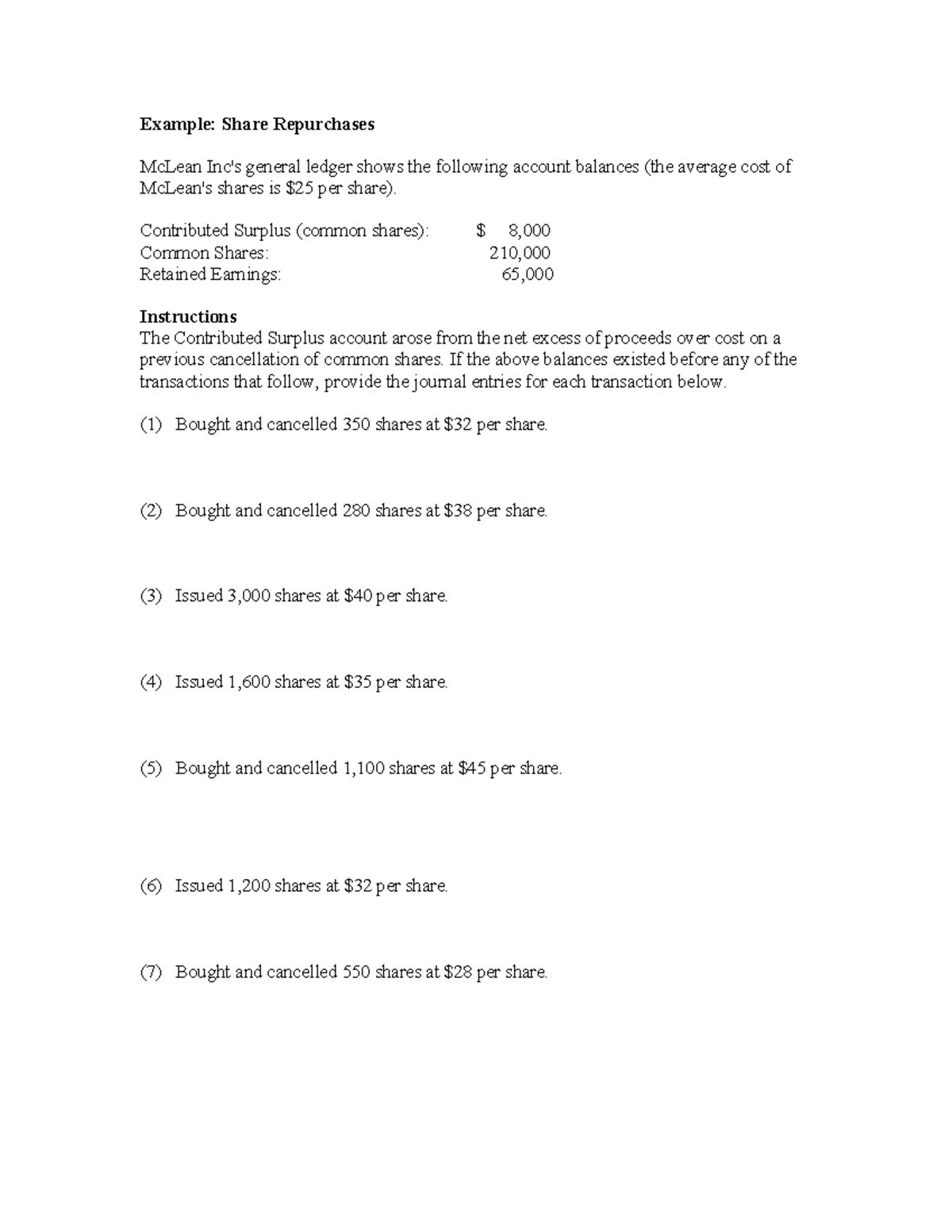 Class Exercise: Share Repurchase Journal Entries - Studocu