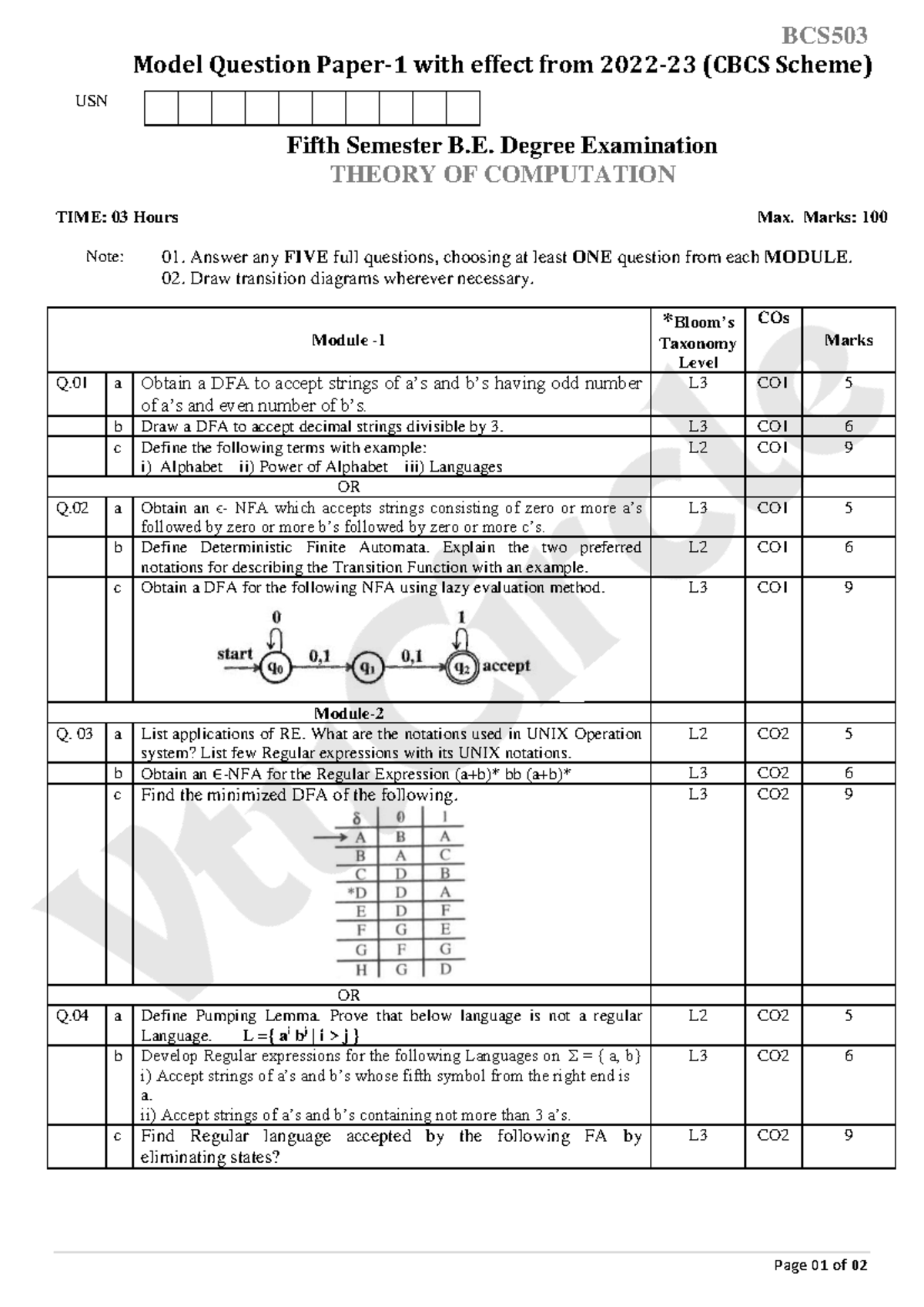BCS503 Model Question Set 1 for Theory of Computation Exam - Studocu