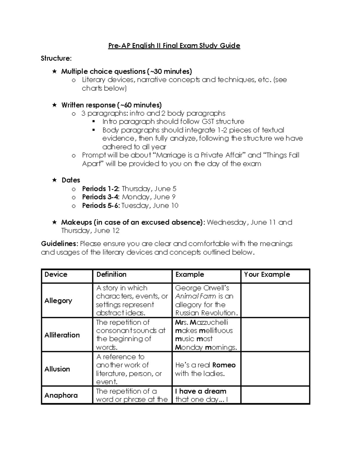 Pre-AP English II Final Exam Study Guide: Literary Devices & Concepts ...