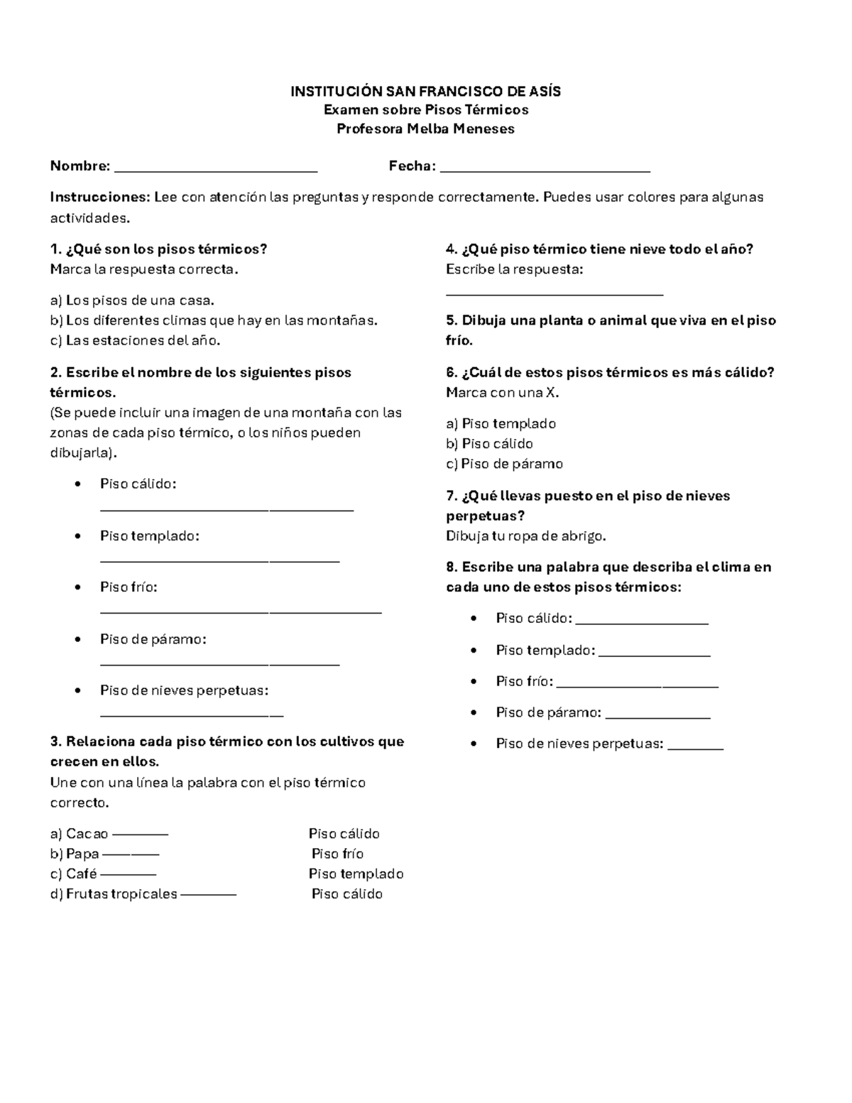 EETR Examen sobre Pisos Térmicos - Instrucciones y Actividades - Studocu
