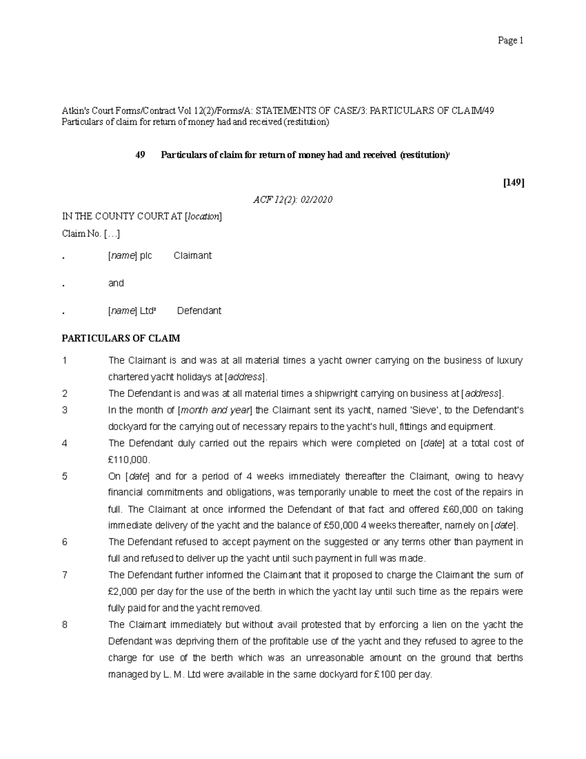 ACF 12(2) Court Claim: Particulars for Return of Money (Restitution ...