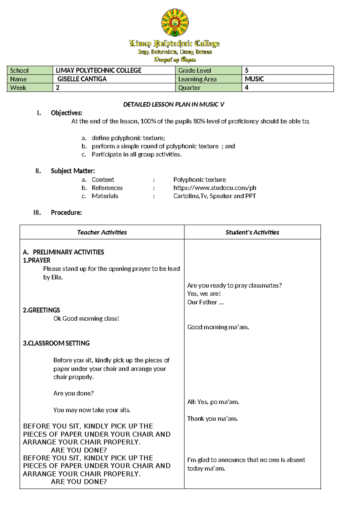 Detailed Lesson Plan in Music 4: Understanding Polyphonic Texture - Studocu