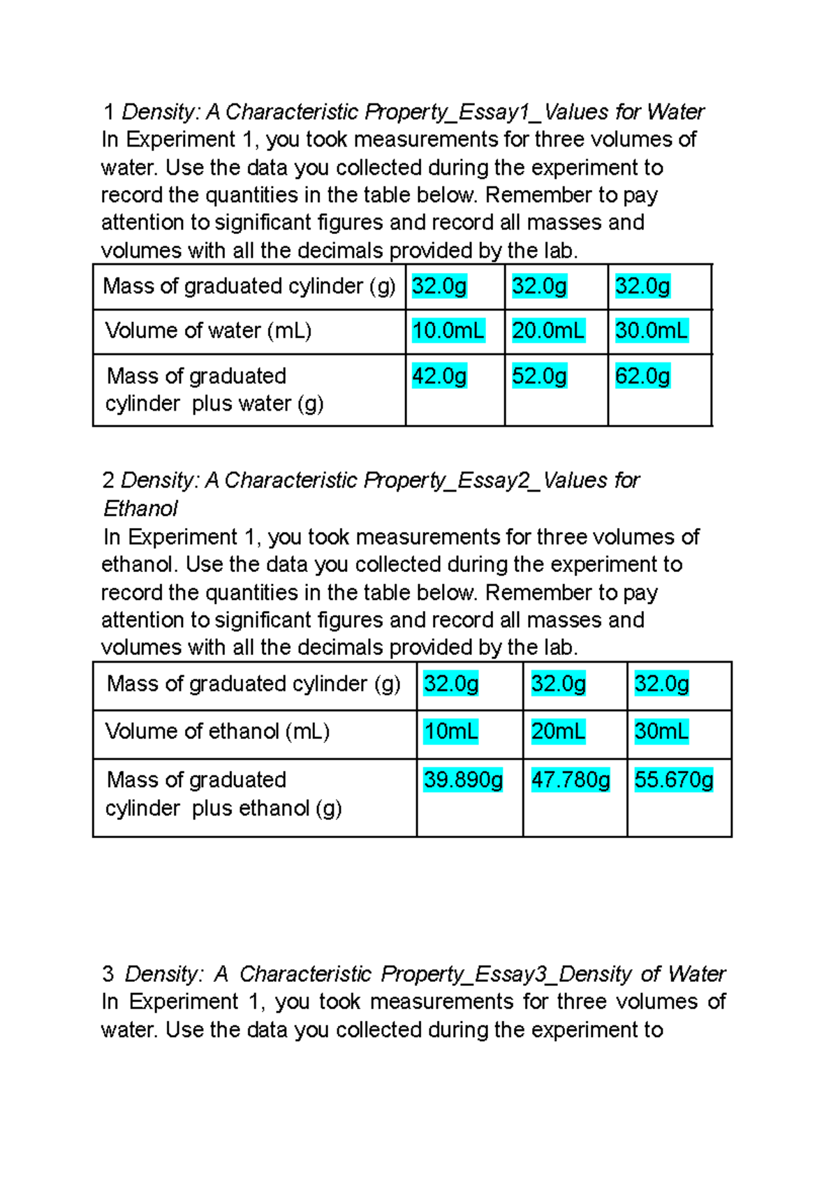 LAB 5 - LAB - 1 Density: A Characteristic Property_Essay1_Values for ...