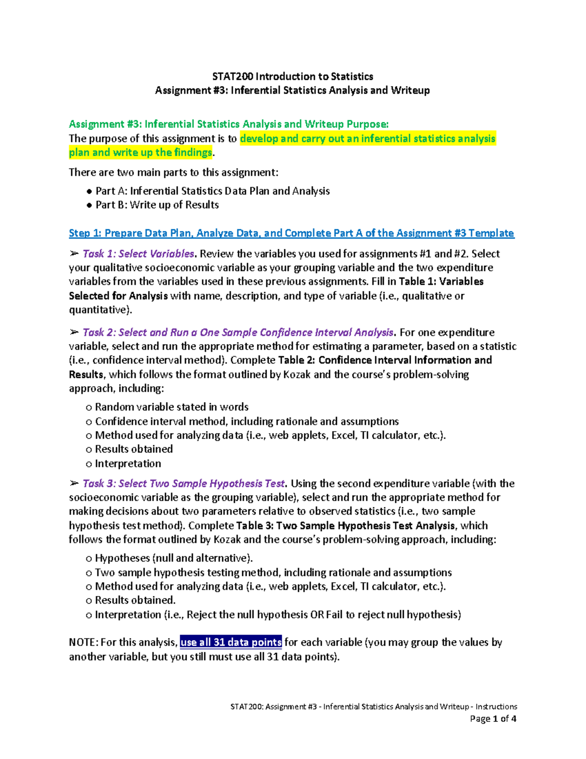 STAT200: Assignment #3 - Inferential Stats Analysis & Findings Writeup ...