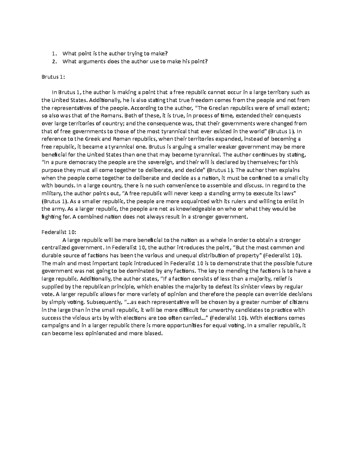 AP GOV: Analysis of Foundational Docs - Brutus 1 & Federalist 10 - Studocu
