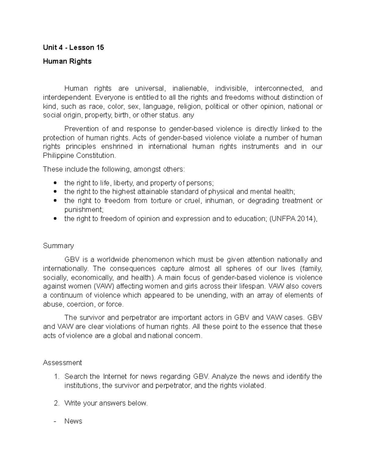 Unit 4 Human Rights - Unit 4 - Lesson 15 Human Rights Human rights are ...