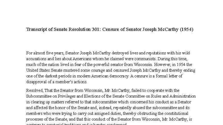 Censure of Senator McCarthy: Senate Resolution 301 (1954) - Studocu