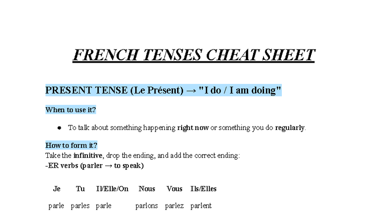 FRENCH TENSES CHEAT SHEET: PRESENT, PAST, FUTURE TENSES GUIDE - Studocu