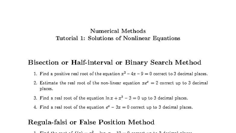 Numerical Methods Tutorial 1: Nonlinear Equations Solutions - Studocu