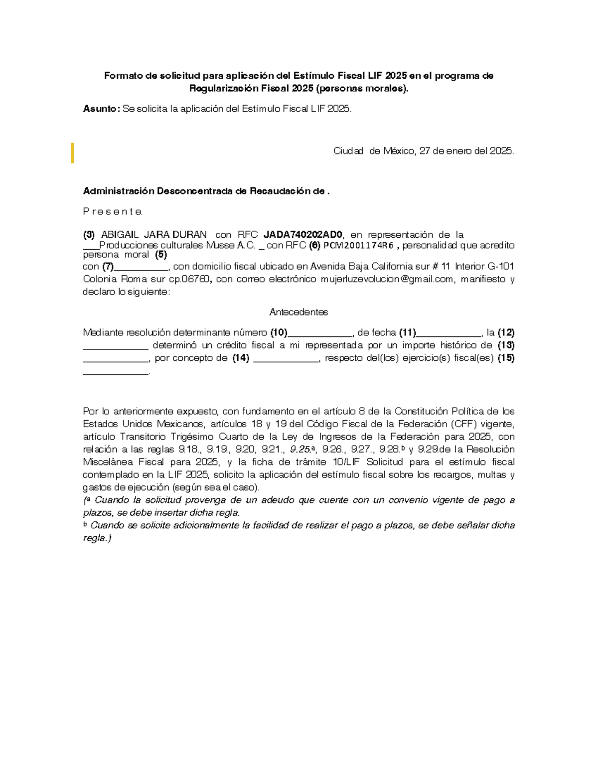 Formato de Solicitud para Estímulo Fiscal LIF 2025 - Condonación de Multas - Studocu