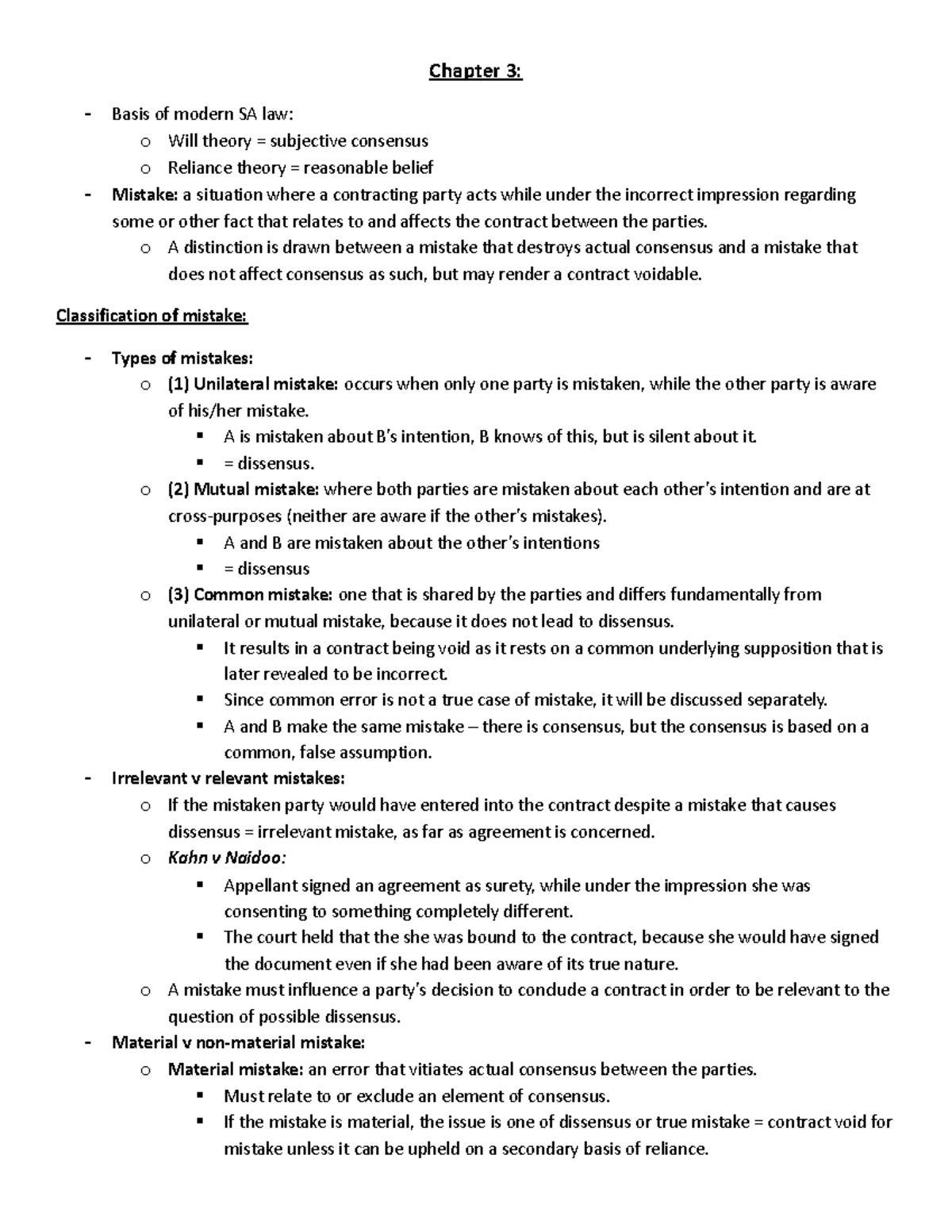 Chapter 3 - Law of Contract - Chapter 3: Basis of modern SA law: o Will theory = subjective ...