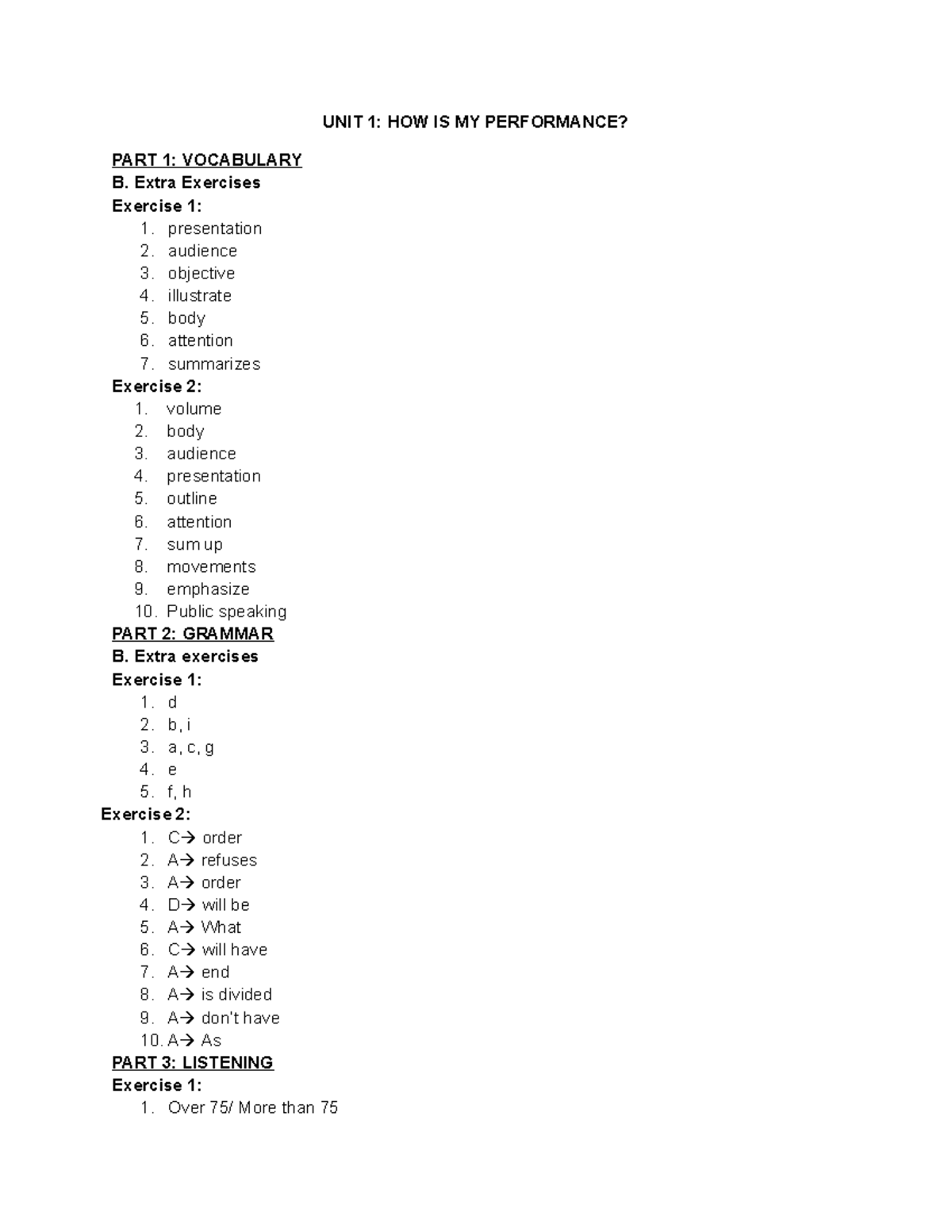 Keys teacher's handout - UNIT 1: HOW IS MY PERFORMANCE? PART 1 ...