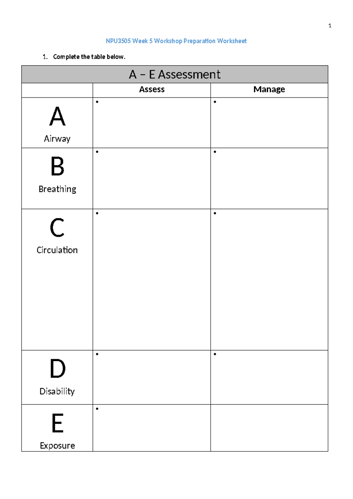 NPU3505 Week 5 Workshop Prep: Assessment & Management Guide - Studocu