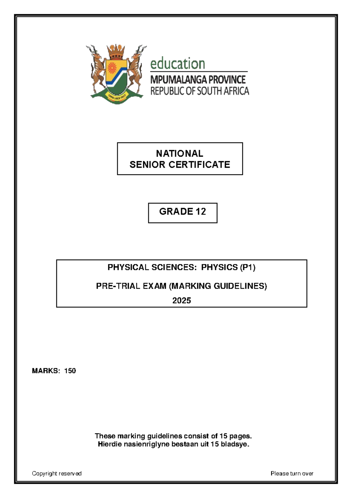MP Physical Sciences P1 Pre-Trial Exam Marking Guidelines 2025 - Studocu