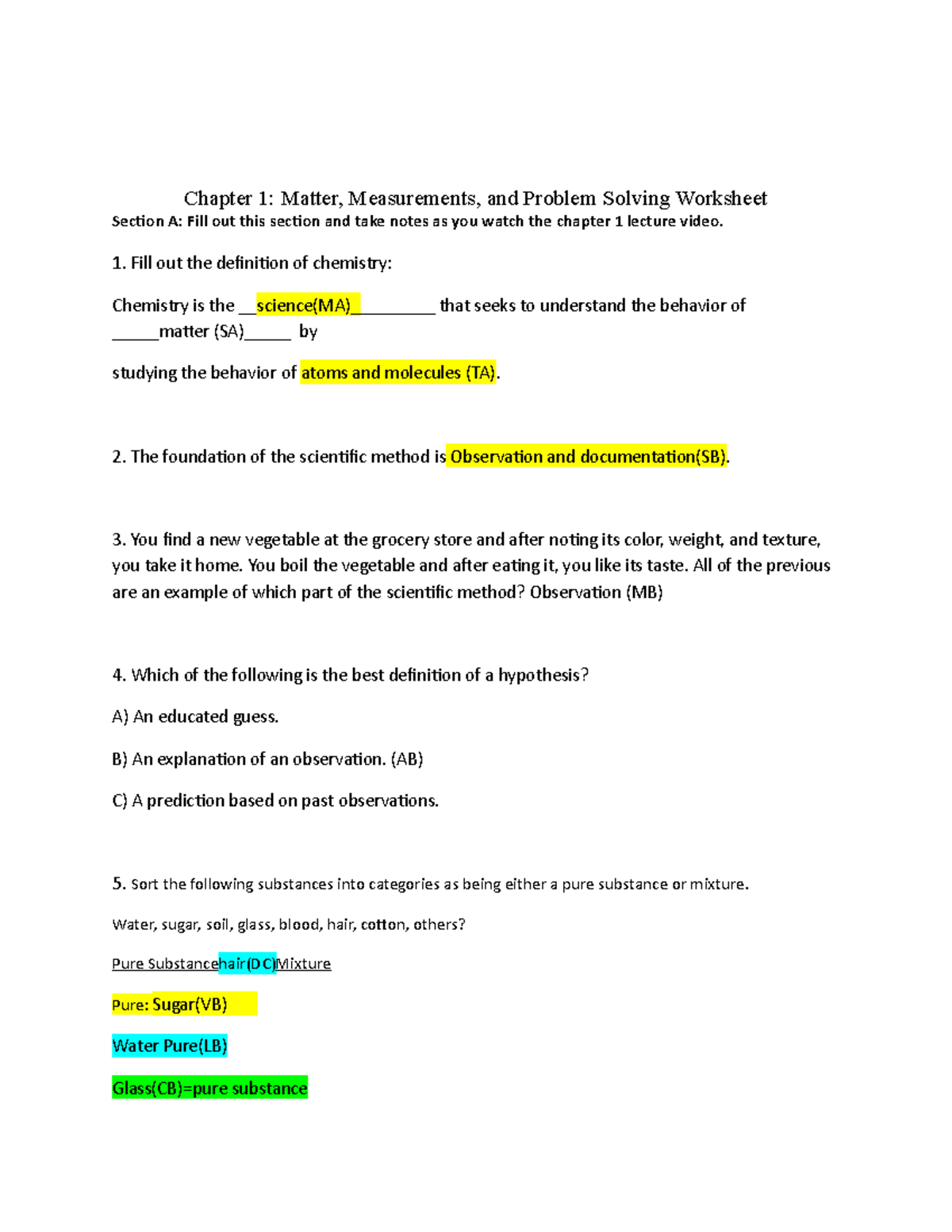 Chapter 1 Worksheet: Matter, Measurements, and Scientific Method (CHEM101) - Studocu