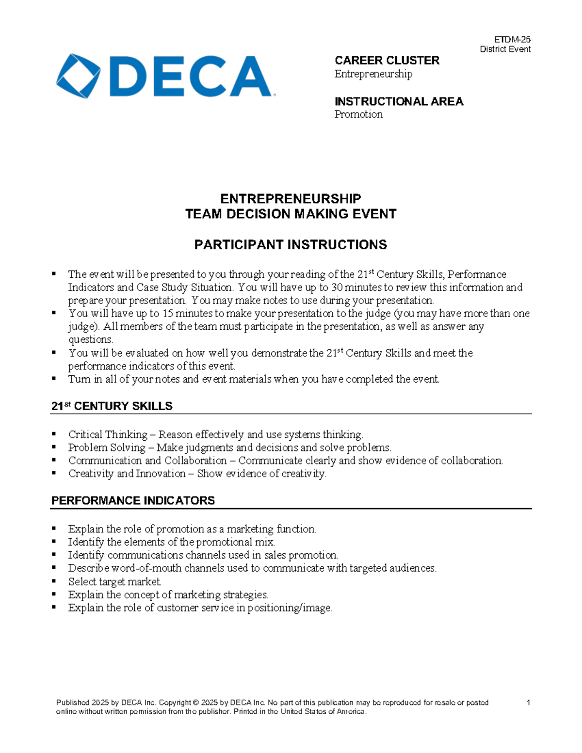 2025 DECA District Event: Entrepreneurship Team Decision Making Guide ...